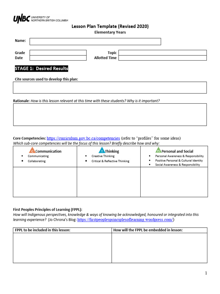 UNBC Lesson Plan Template EY 2020 2 | PDF
