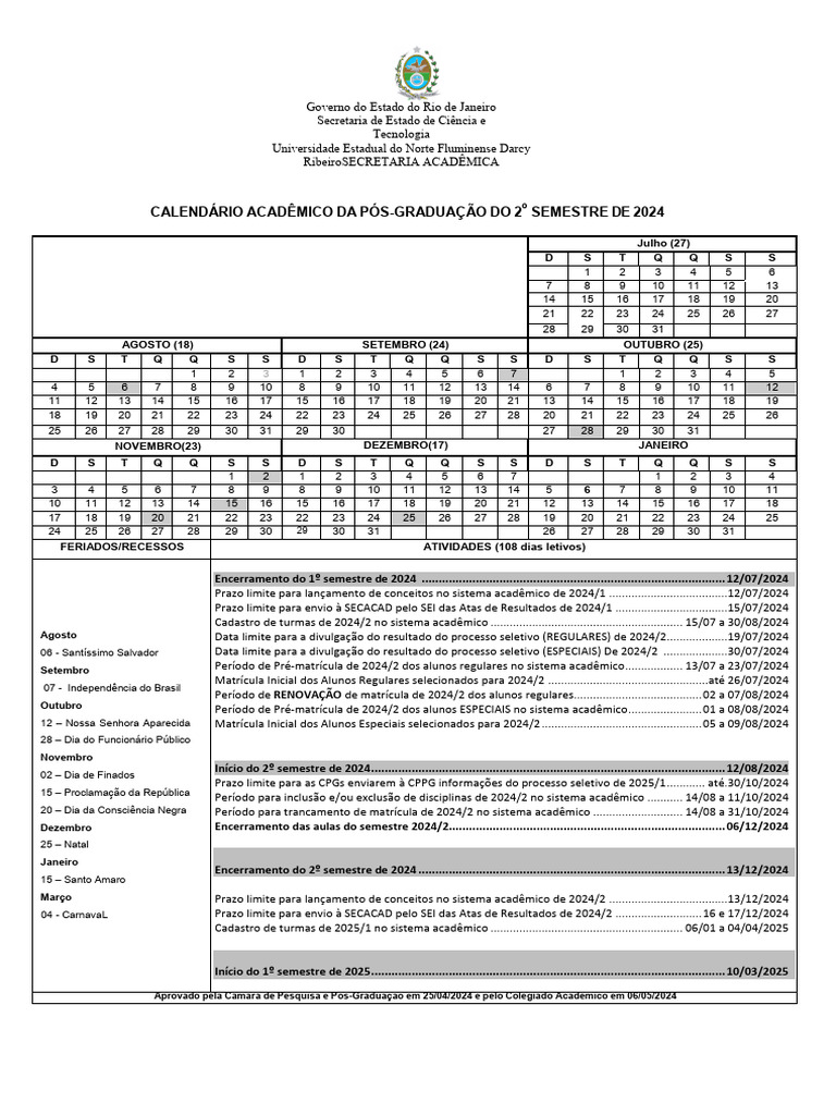 CALENDARIO ACADEMICO DA POS Aprovada CPPG 25 04 2024-1 | PDF