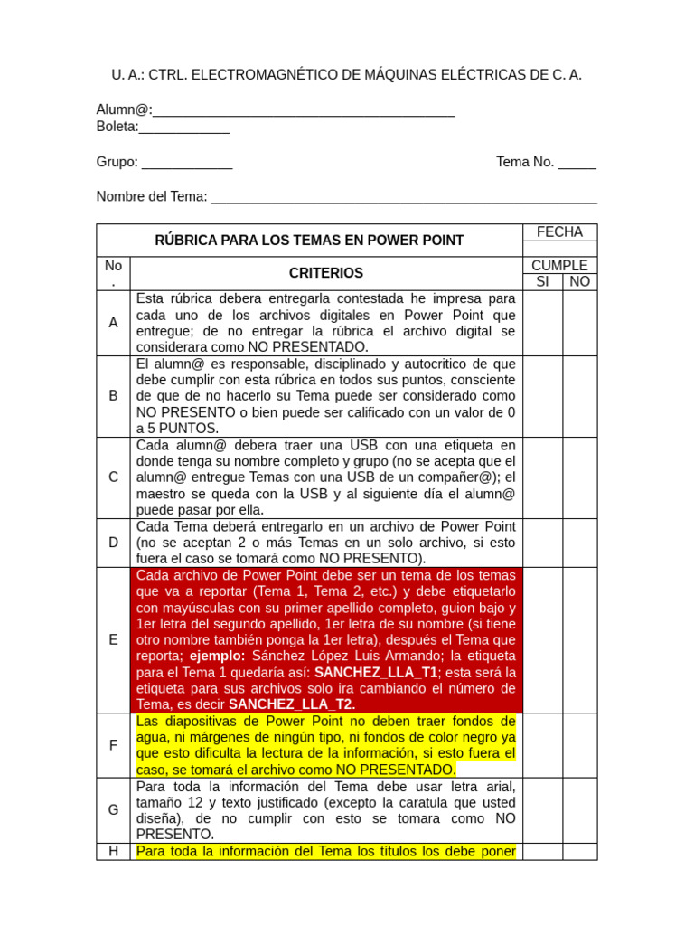 Rubrica Temas CTRL Electromag | PDF