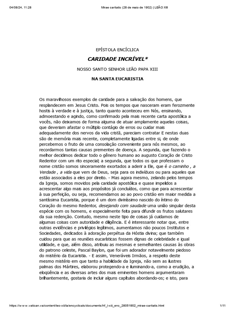 Mirae Caritatis (28 de Maio de 1902) - LEÃO XIII | PDF