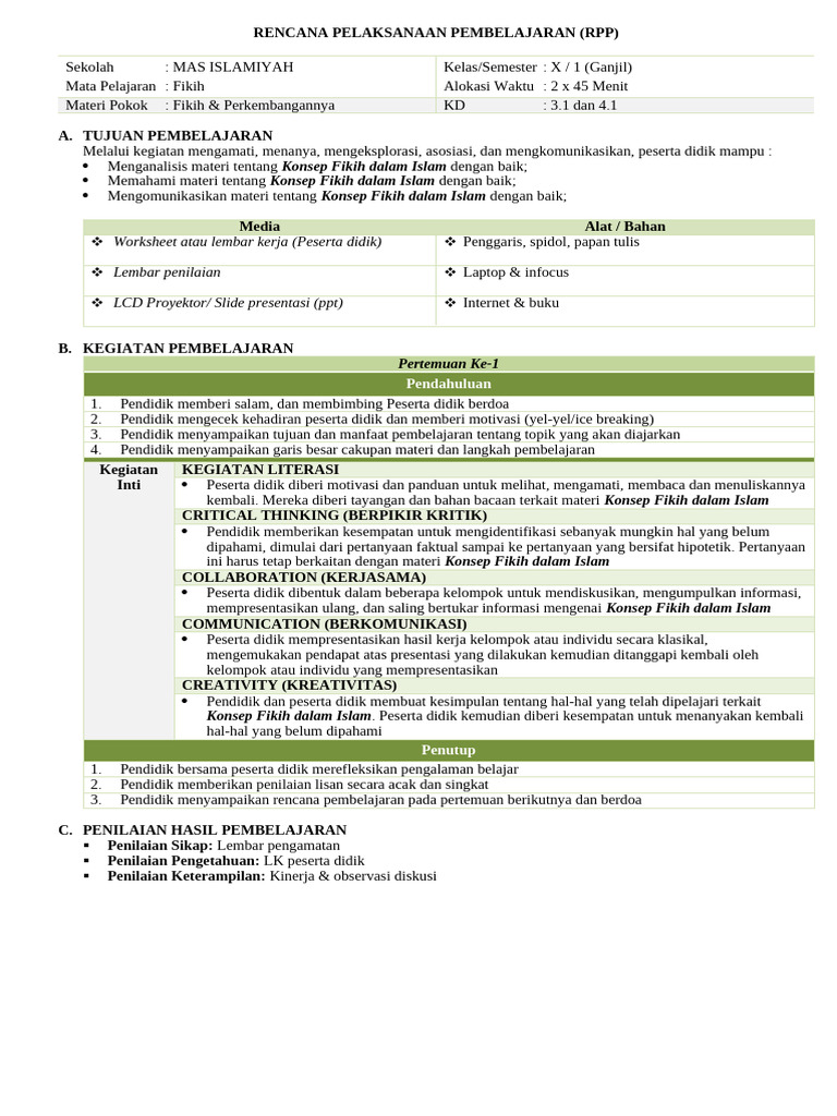 1.1 RPP I Fikih Kelas 10 | PDF