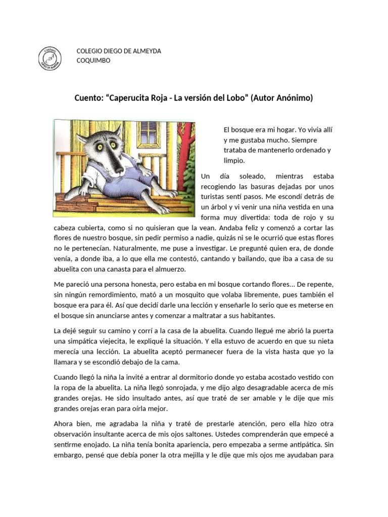 Versión Cuento Caperucita Roja Según El Lobo | PDF