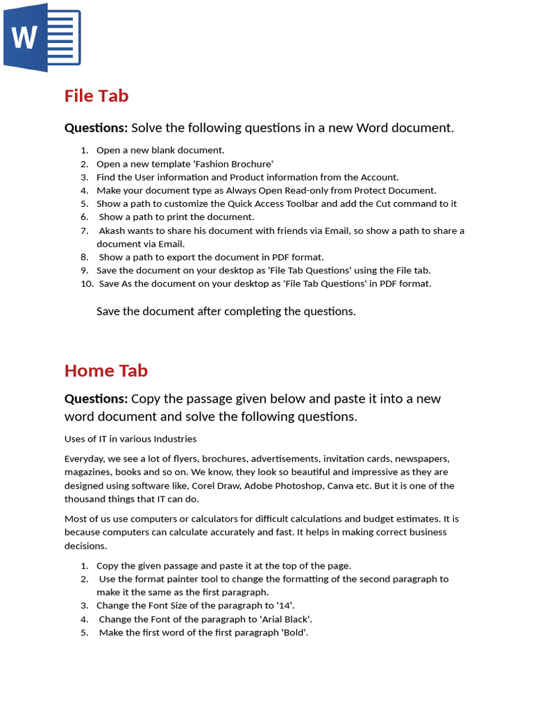 Microsoft Word Tasks | PDF