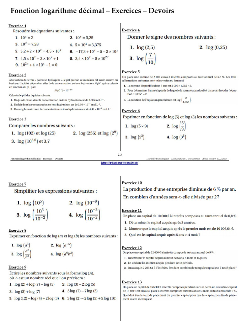 Fonction Logarithme Decimal Exercices Devoirs | PDF