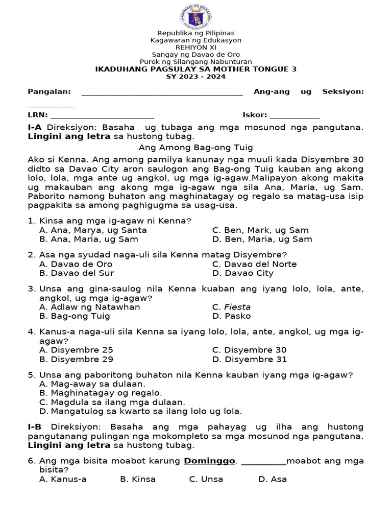 2nd Quarter Exam MTB-MLE 3 | PDF