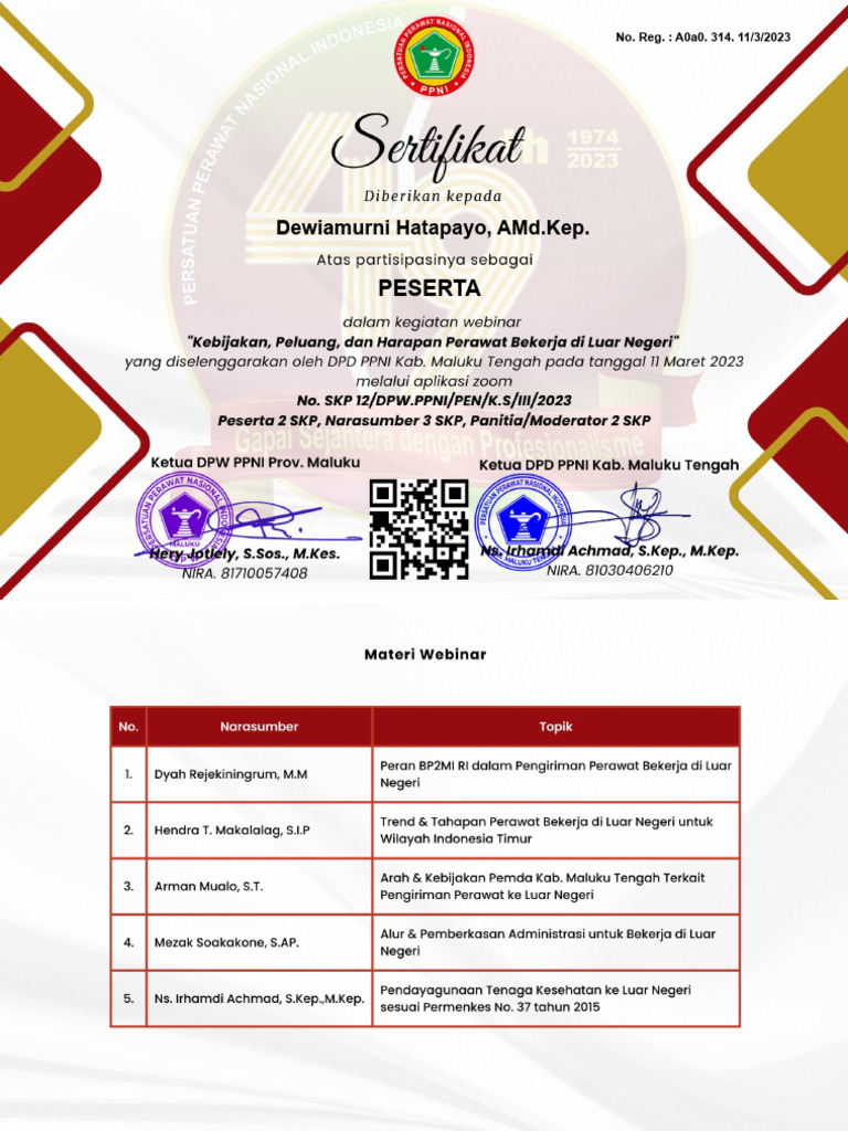 Sertifikat - Dewiamurni Hatapayo, AMd - Kep. | PDF