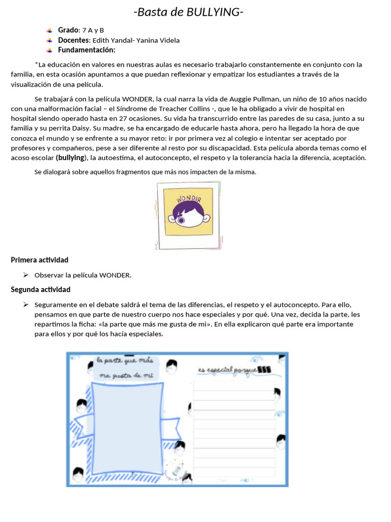 Actividades Anti-Bullying con "Wonder" | PDF | Salud y bienestar