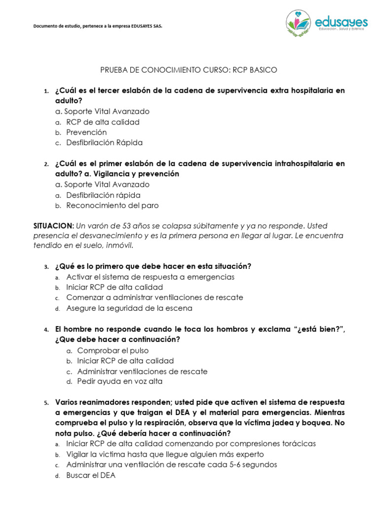 PRUEBA DE CONOCIMIENTO RCP BASICO | PDF