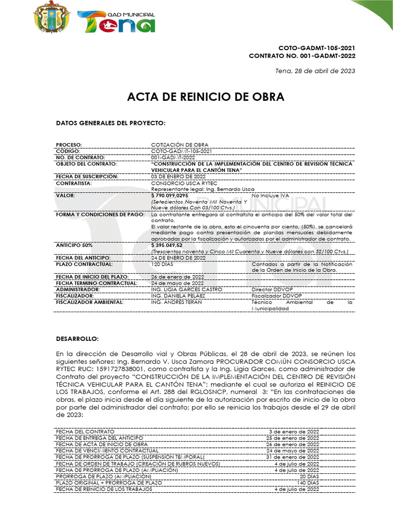 ACTA DE REINICIO DE OBRA-signed-signed | PDF