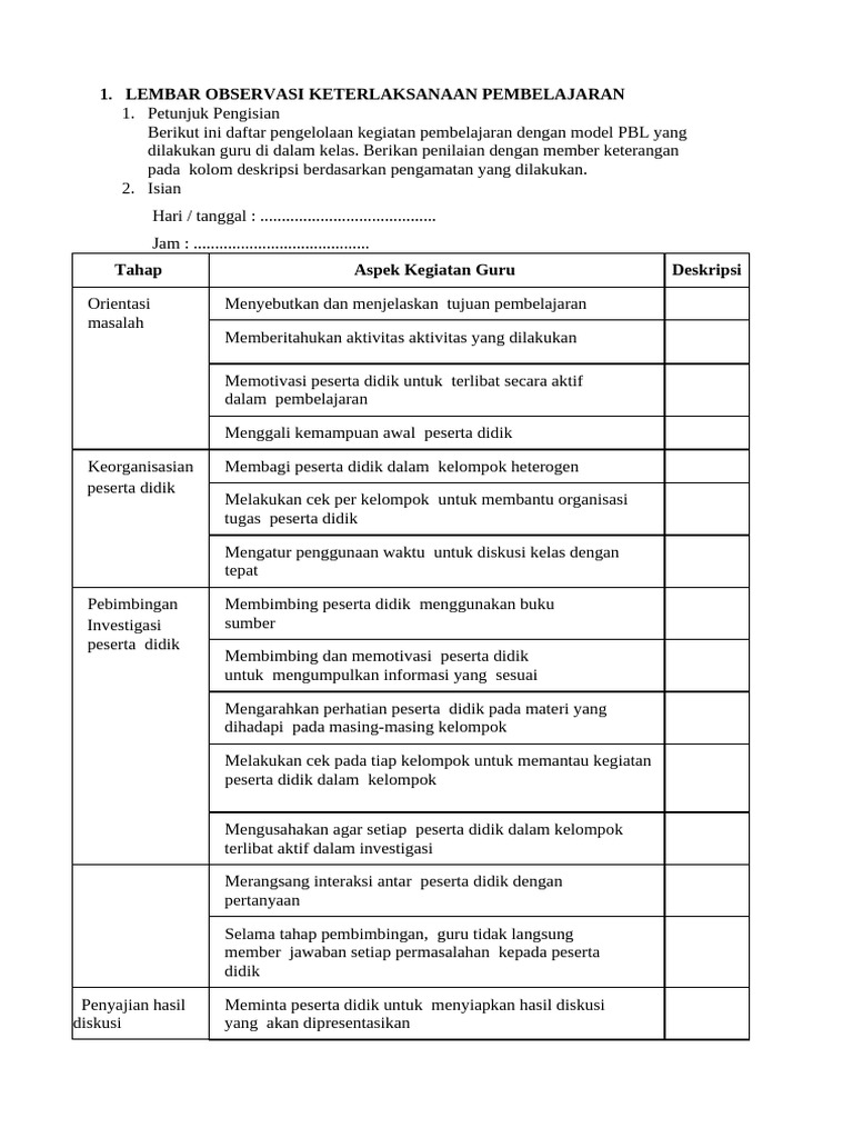 Lembar Observasi Keterlaksanaan Pembelajaran | PDF