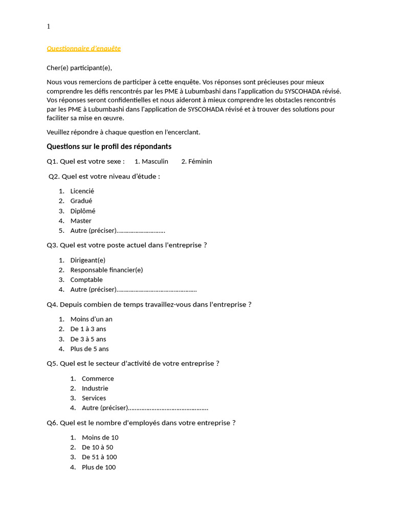Questions Sur Le Profil Des Répondants: Questionnaire D'enquête | PDF