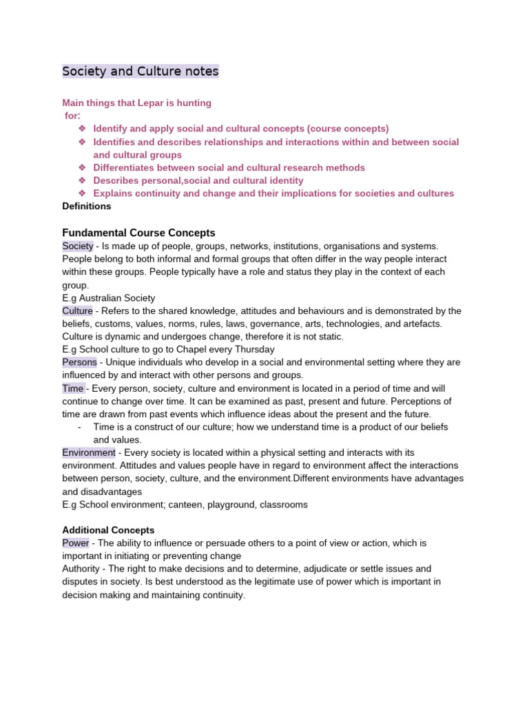 Society and Culture Preliminary Course Notes Updated | PDF