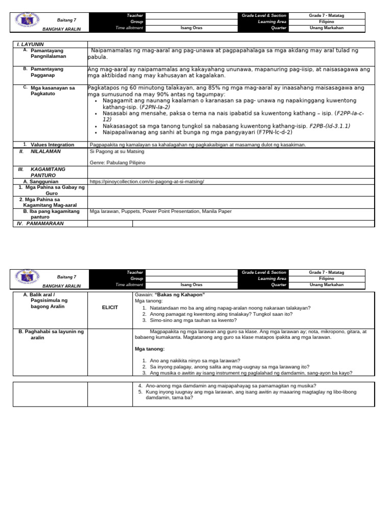 Sample Lesson Plan Filipino | PDF