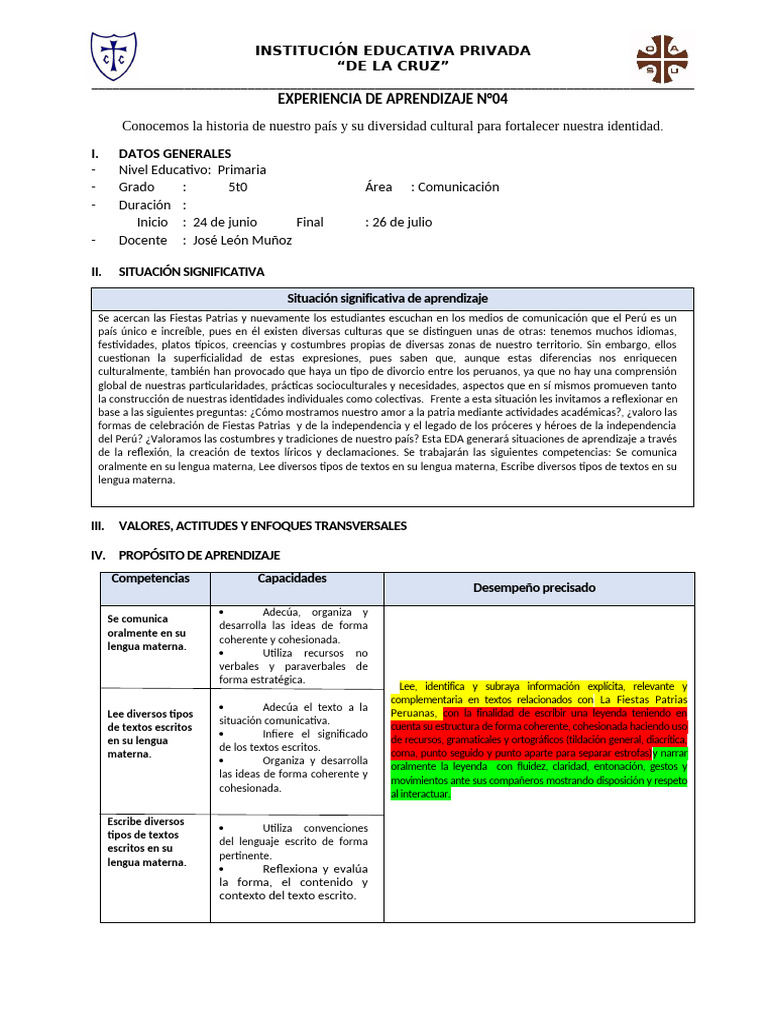 5° Grado - Eda 4 - Comunicación - 2024 | PDF | Perú | Aprendizaje