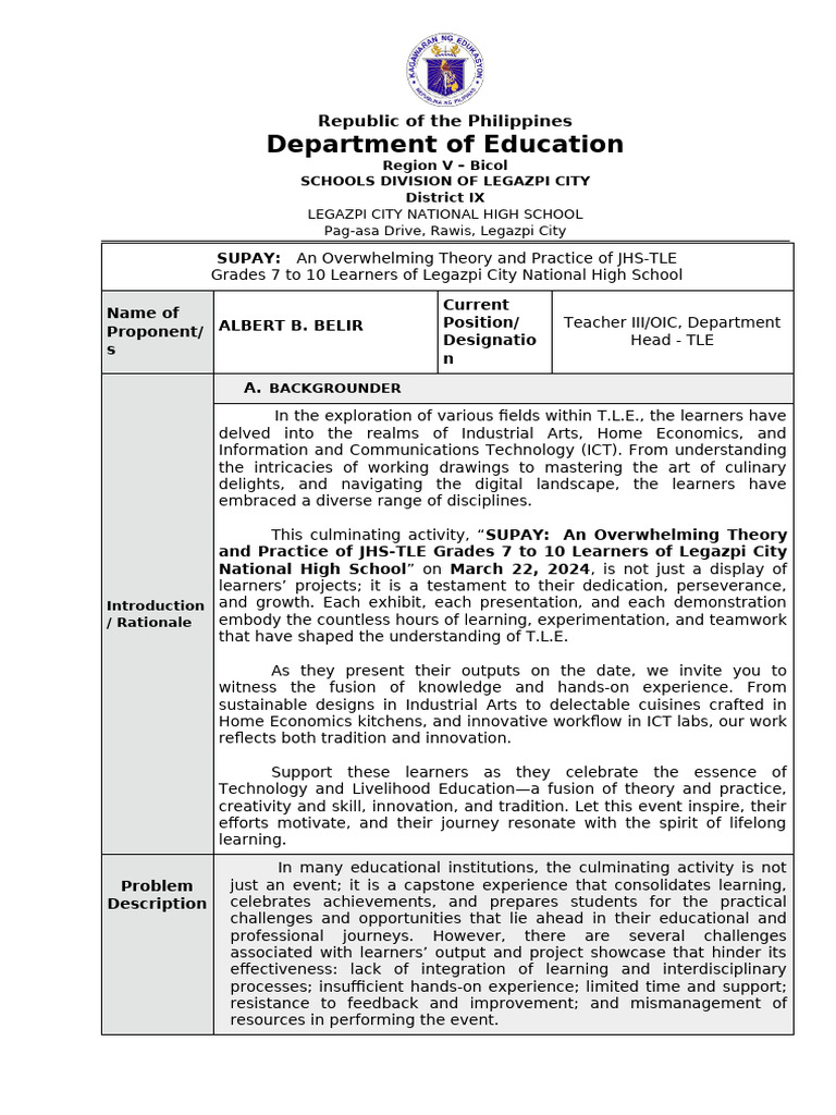 PROPOSAL-TLE Culminating Activity | PDF | Teachers | Career & Growth