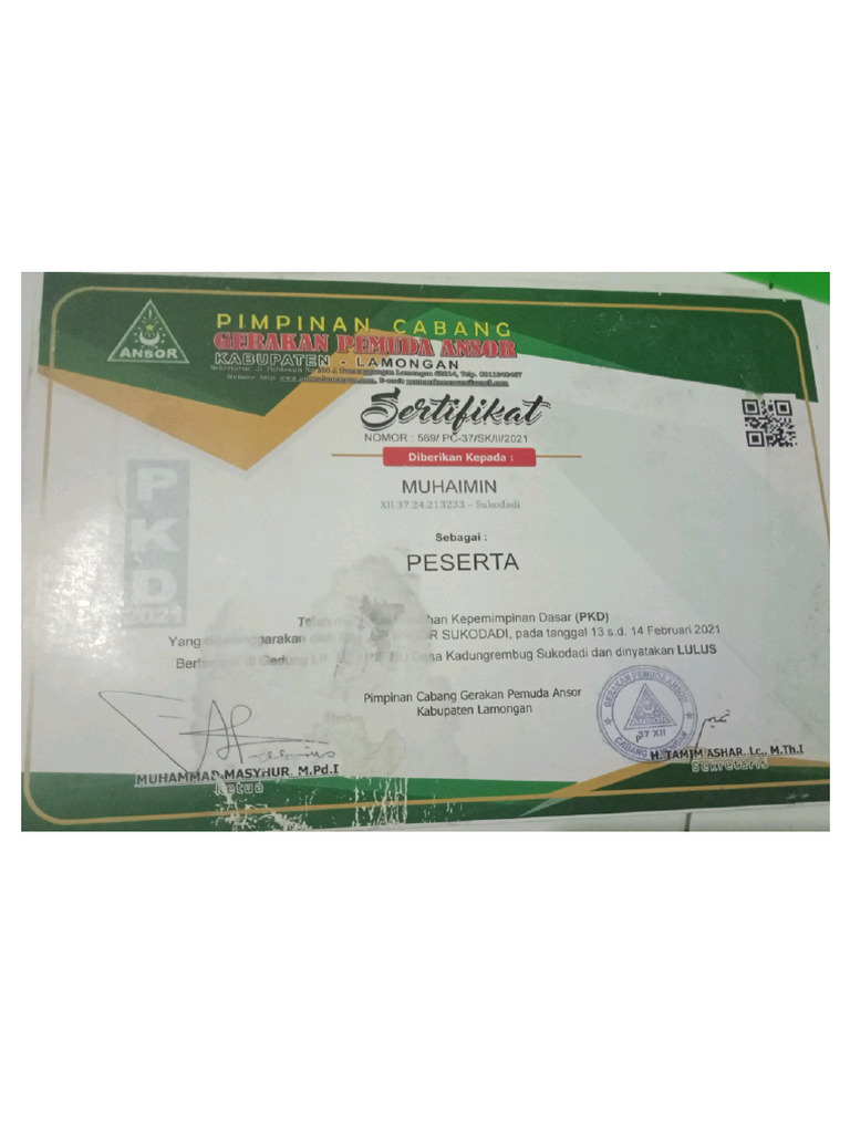 Sertifikat Ketua PR GP Ansor Balongtawon | PDF