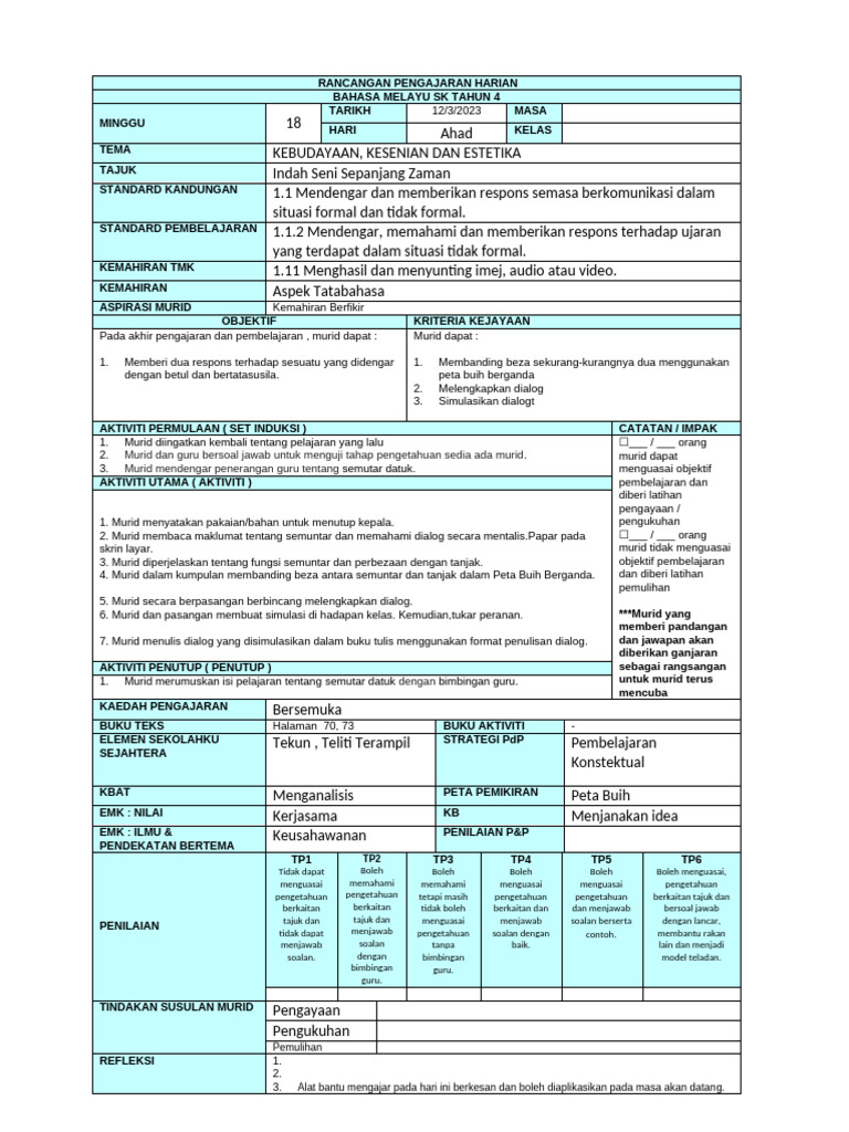 RPH Minggu 18 BM SK THN 4 2024 by Cikgu Gorgeous | PDF