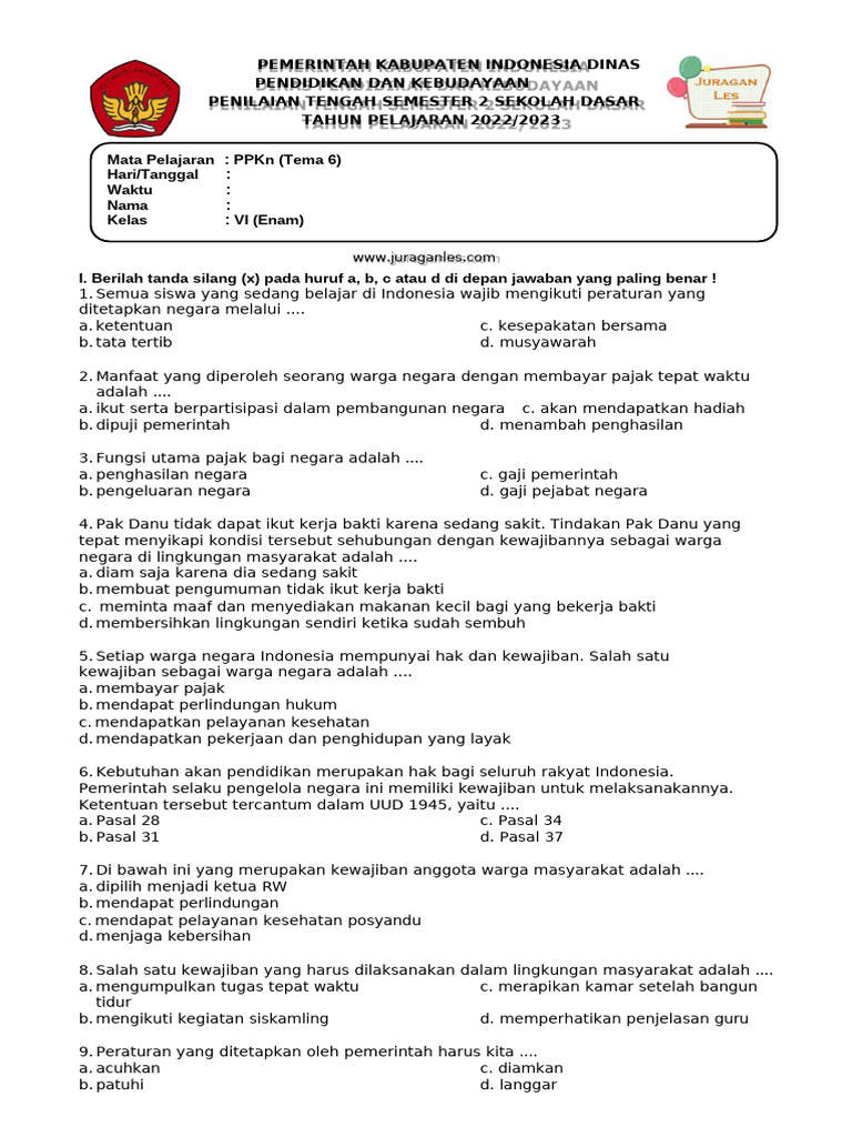 Soal Tema 6 Kelas 6 Semester 2 T.A 2022-2023 Mapel PPKN | PDF