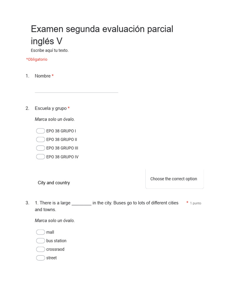 Examen Tercera Evaluación Parcial Inglés V - Formularios de Google | PDF