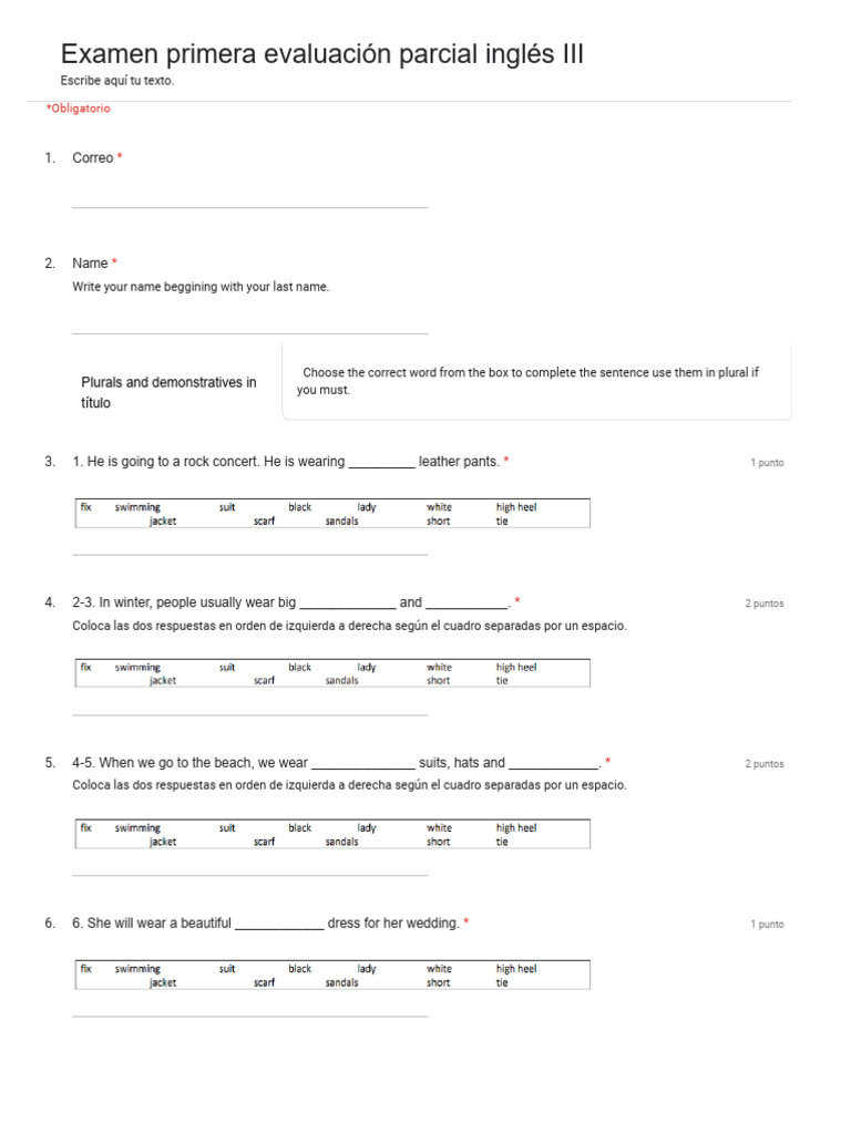 Examen Segunda Evaluación Parcial Inglés III - Formularios de Google | PDF