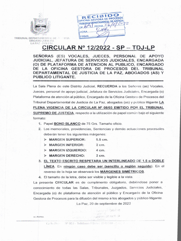 Circular Presidencia #12-2022-SP-TDJ-LP Uso de Papel Comun | PDF