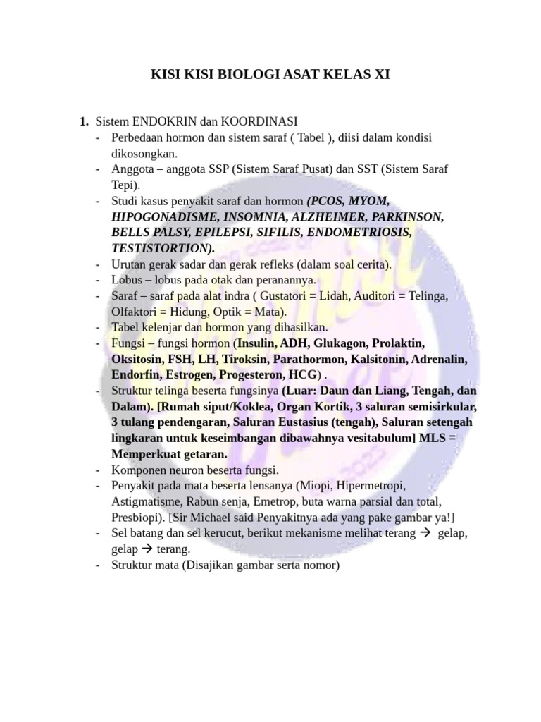 Kisi Kisi Biologi Asat Kelas Xi | PDF
