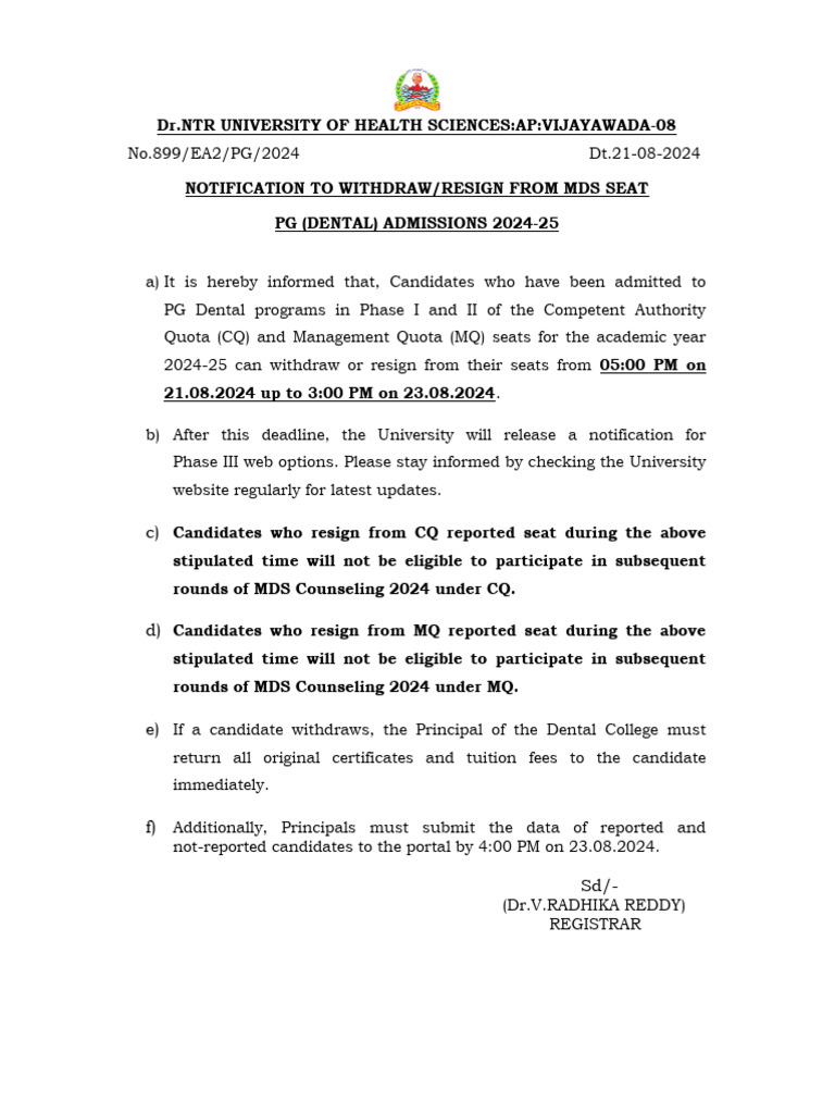 Admissions 2024-25 - To Withdraw From The Allotted Seat | PDF