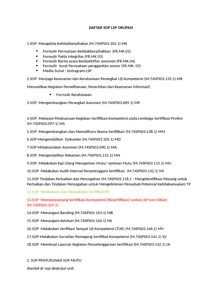 Daftar Sop LSP Okupasi | PDF