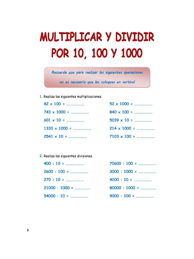 DIVISONES Y MULTIPLICACIONES ENTRE 10 100 Y 1000 | PDF