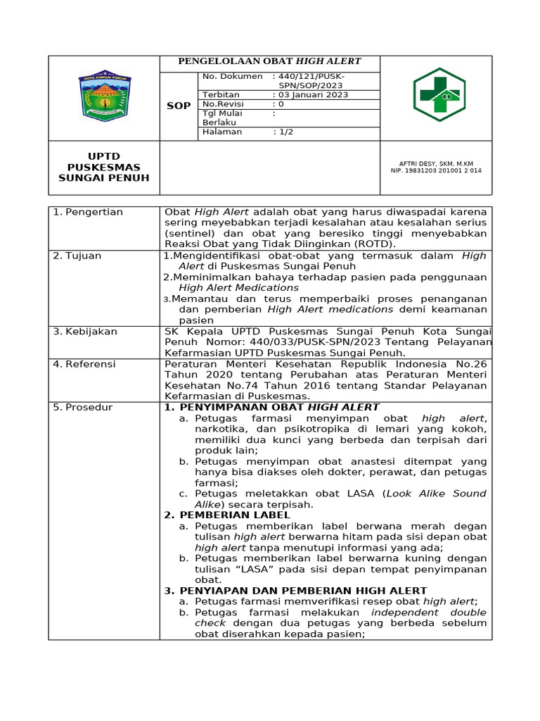 Sop Obat High Alert | PDF
