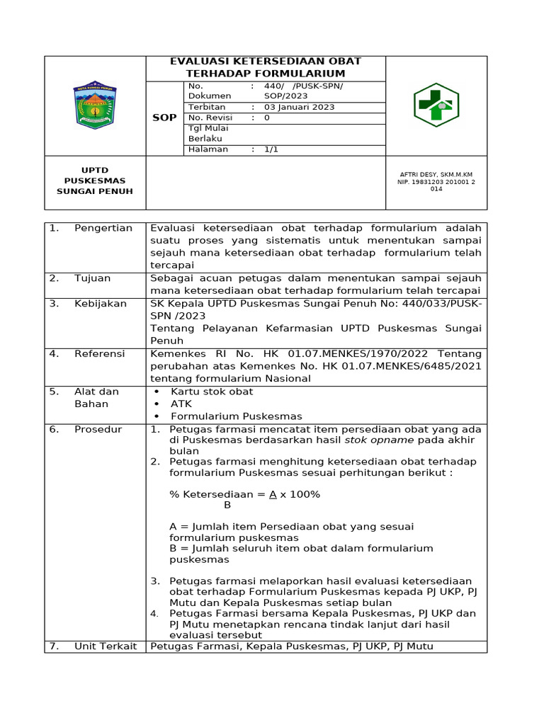 Sop Evaluasi Ketersediaan Obat Terhadap Formularium Pdf