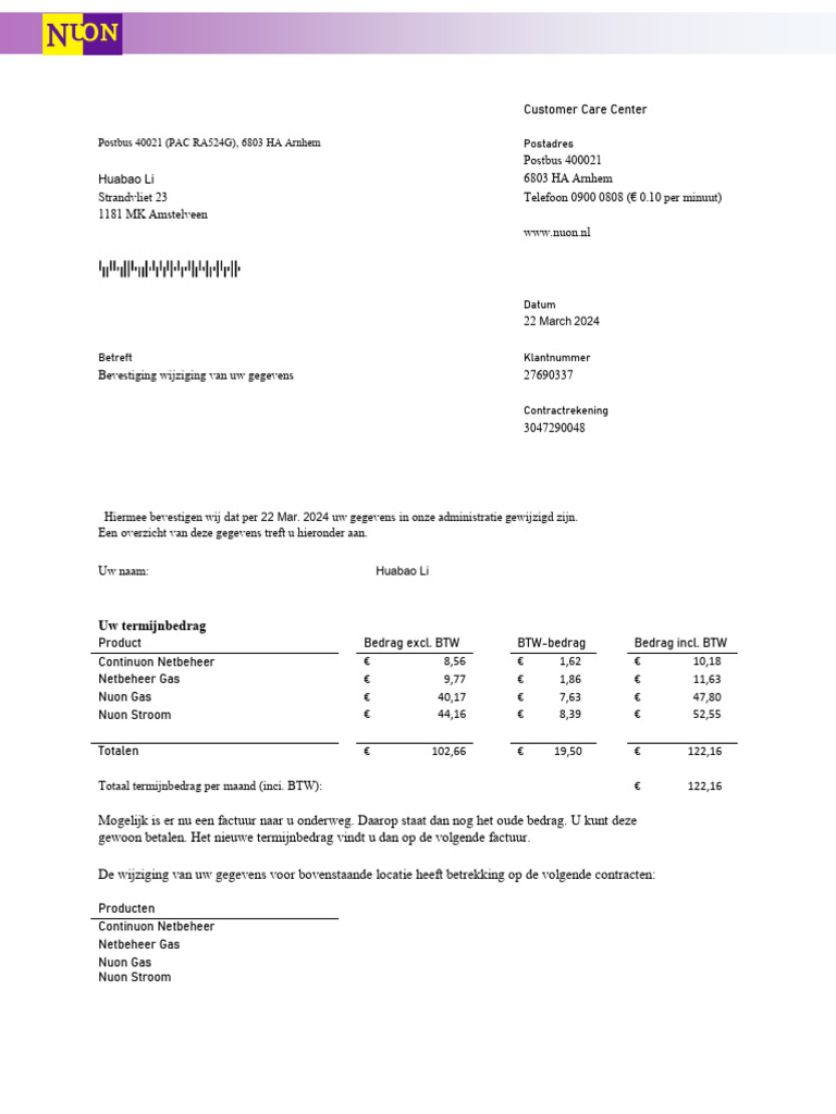 Netherlands Nuon Gas Utility Bill | PDF