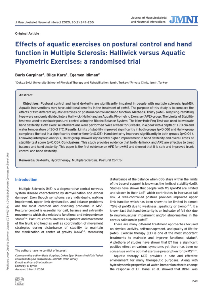 Effects of Aquatic Exercises On Postural Control and Hand Function in Multiple Sclerosis ...
