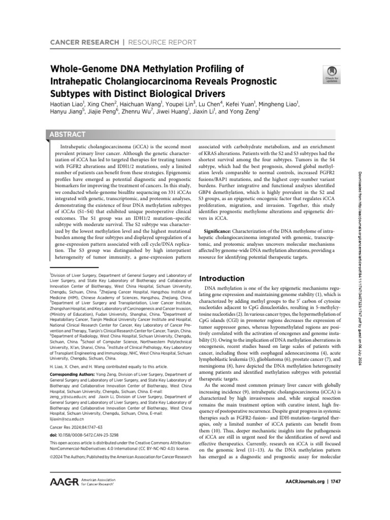 Whole-Genome DNA Methylation Profiling of Intrahepatic Cholangiocarcinoma Reveals Prognostic ...