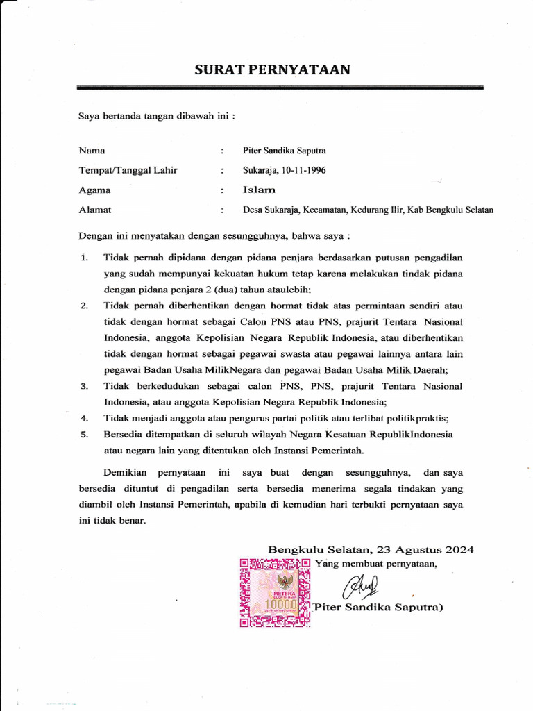 Surat Pernytaan Piter e Materai | PDF