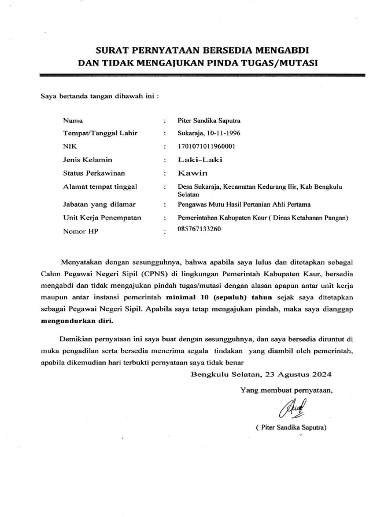Surat Pernyataan Tidak Pindah Tugas Piter | PDF