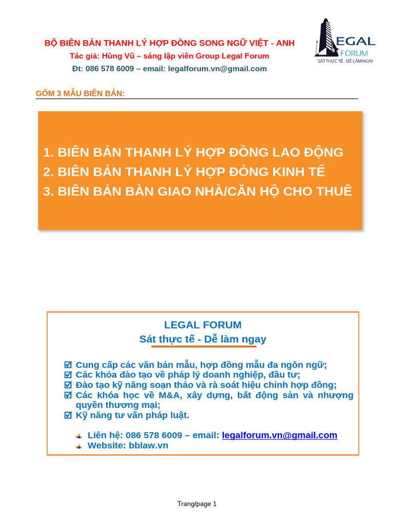 BỘ VĂN BẢN MẪU VỀ BIÊN BẢN THANH LÝ HỢP ĐỒNG SONG NGỮ VIỆT - ANH - HUNG VU | PDF
