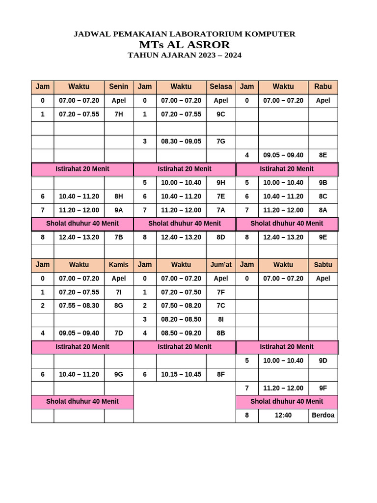 Jadwal Penggunaan Lab Komputer 2023-2024 | PDF