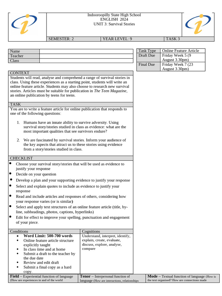 2024 Year 9 Task 3 English Task Sheet | PDF