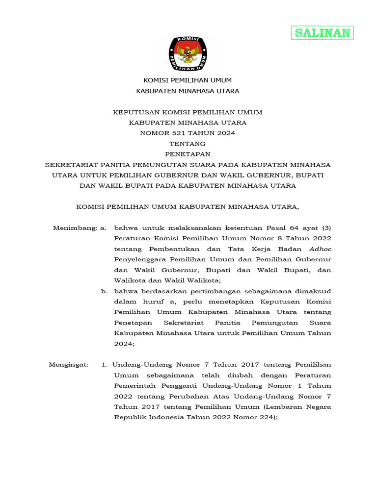 Salinan Sk Sekretariat Pps Pilkada 2024 Pdf