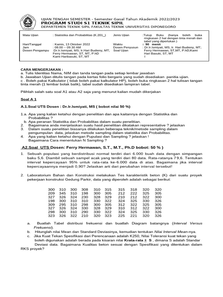 Soal UTS Statistika Dan Prob - Gasal Okt 2022 - 2023 - Gab Kirim | PDF