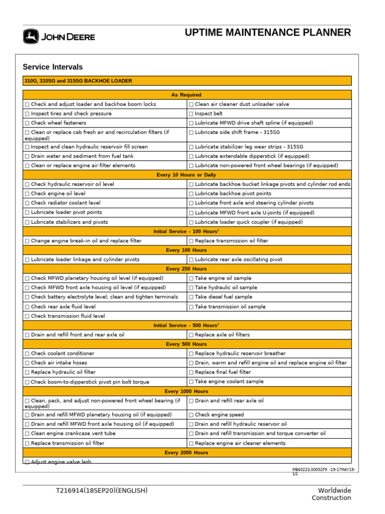 310G 310SG 315SG Uptime Maintenance Planner | PDF