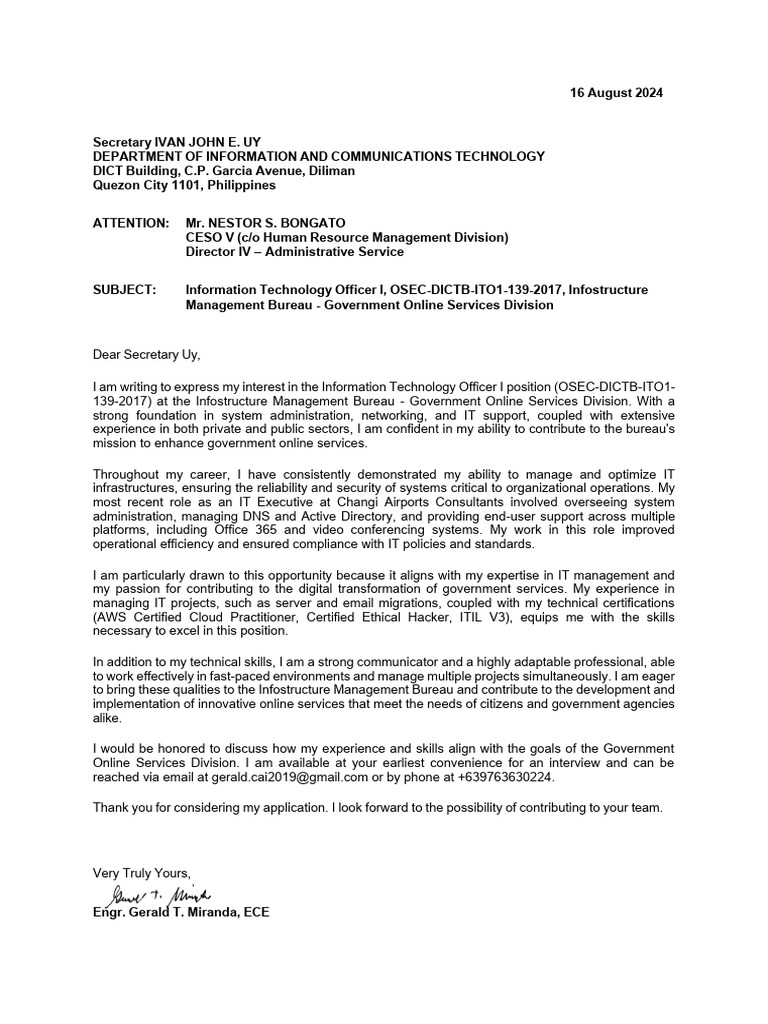 MIRANDA GERALD Application Letter | PDF