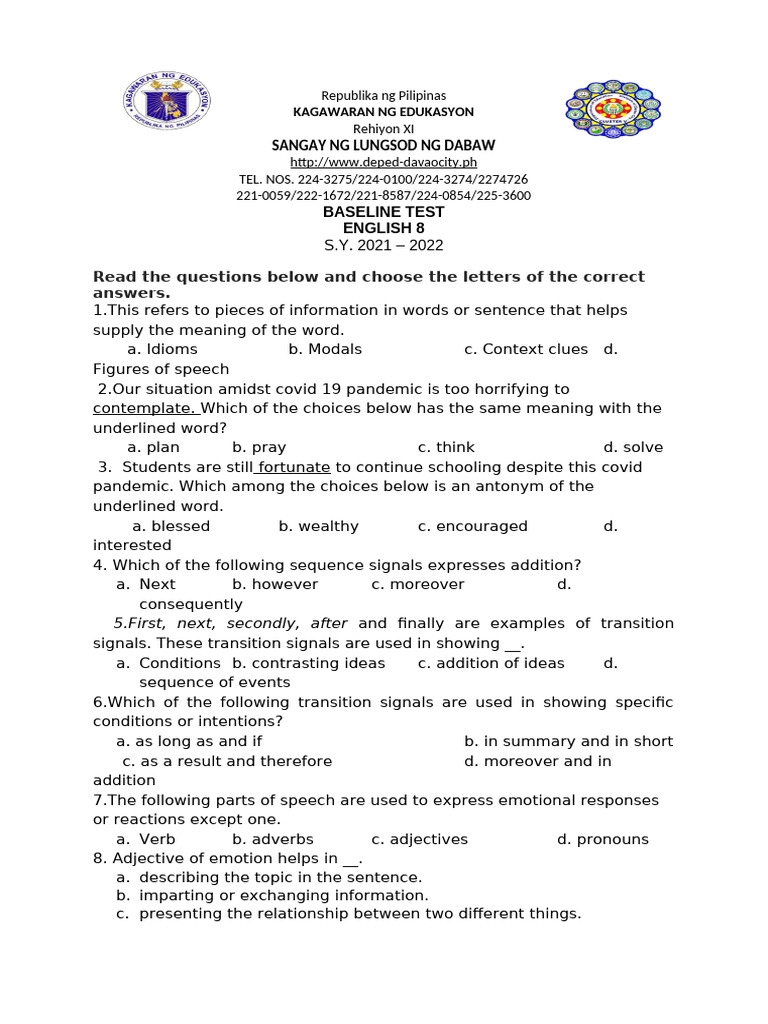 Baseline Test Nin English 8 | PDF