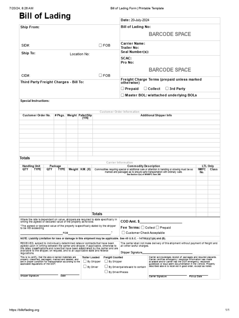 Bill of Lading Form - Printable Template | PDF