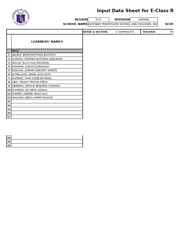 Input Data Sheet For E-Class Record: Region Division School Name School ...