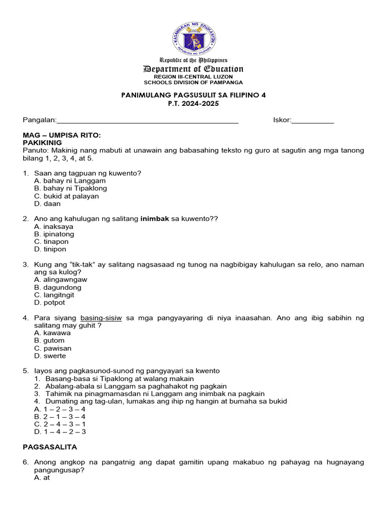 Panimulang Pagsubok Sa Filipino 4 2024 2025 | PDF