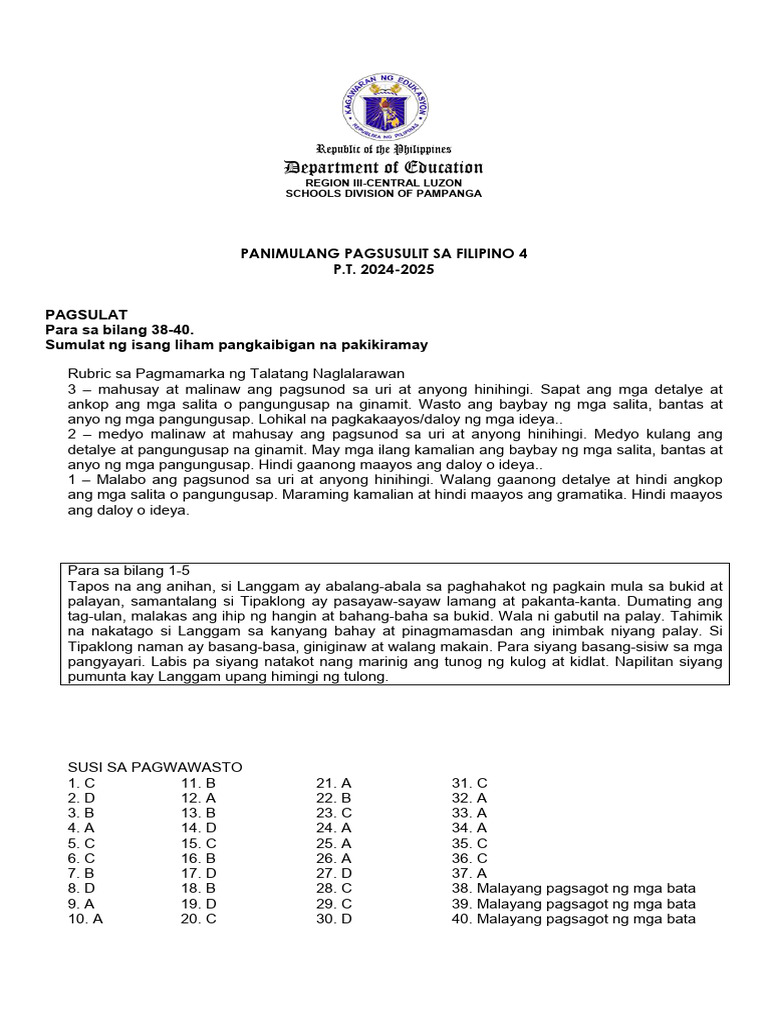 Answer Key Filipino 4 | PDF
