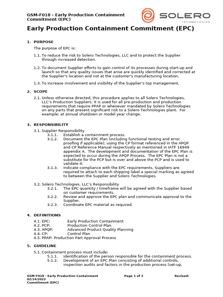 GSM F018 Early Production Containment Commitment EPC | PDF