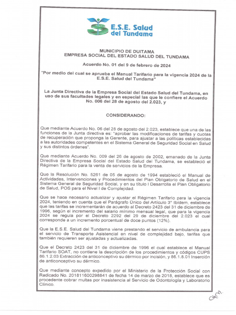 Acuerdo 001 de 2024 Manual Tarifario | PDF